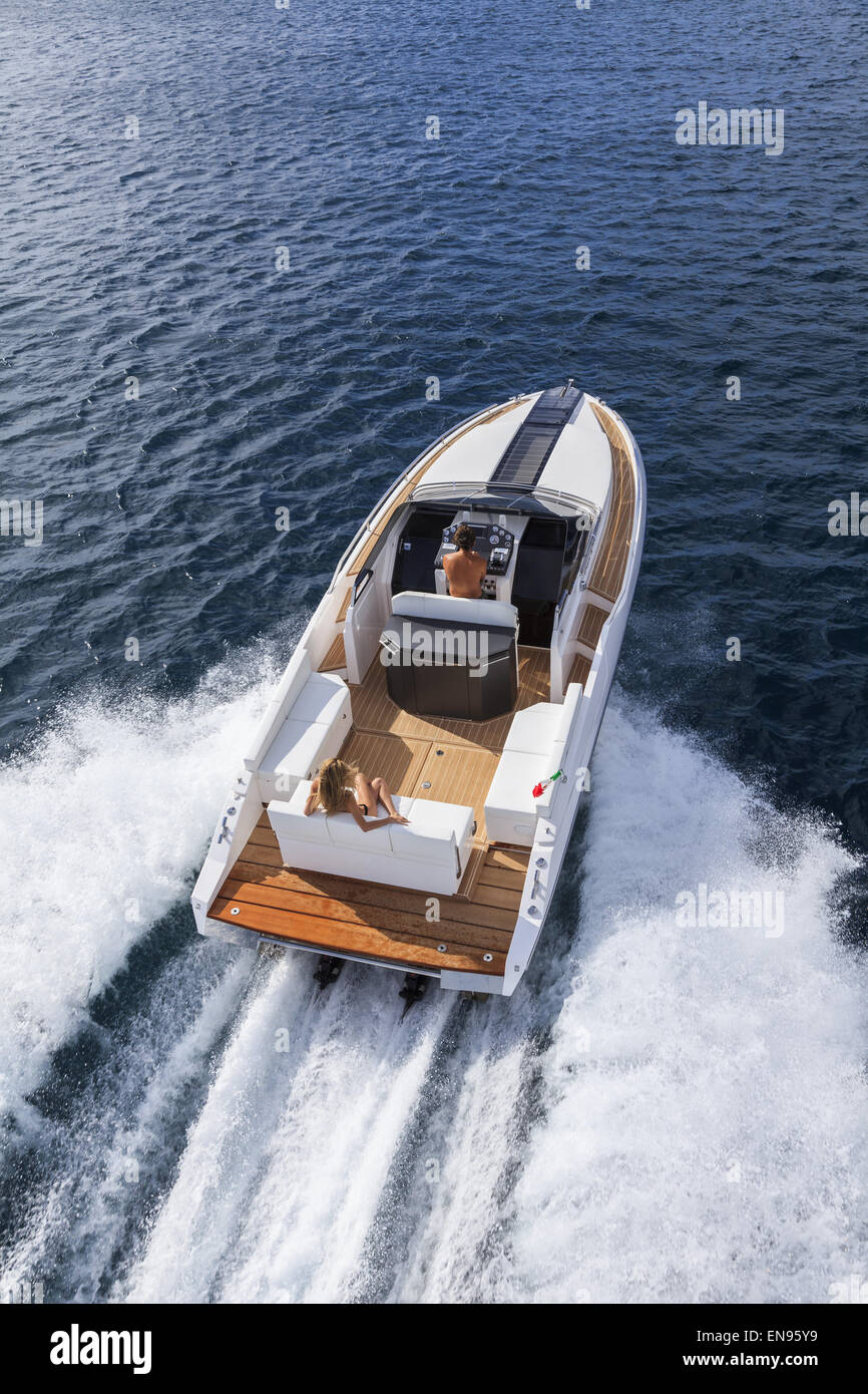 motor boat in navigation, aerial view Stock Photo - Alamy