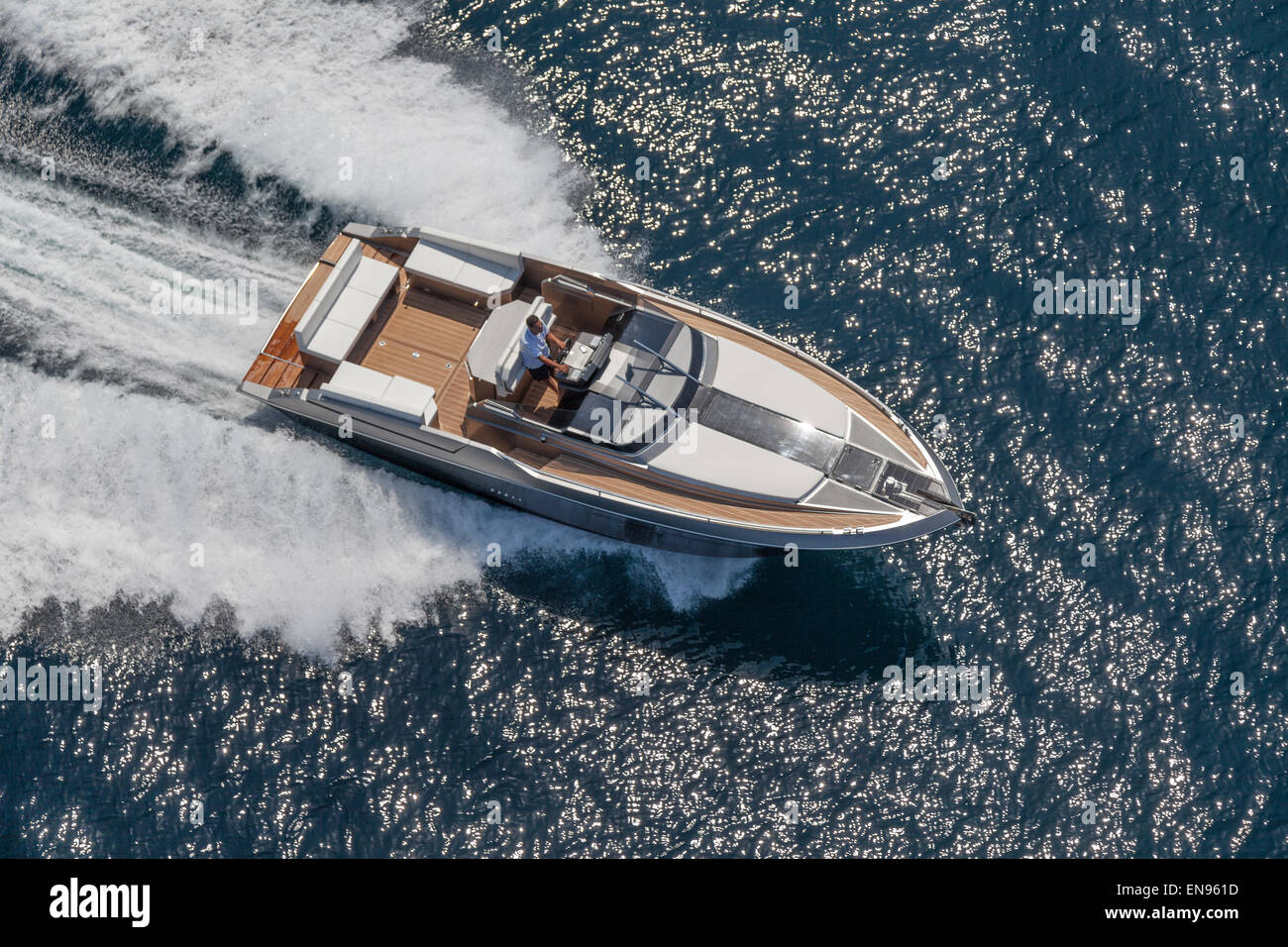 motor boat in navigation, aerial view Stock Photo - Alamy