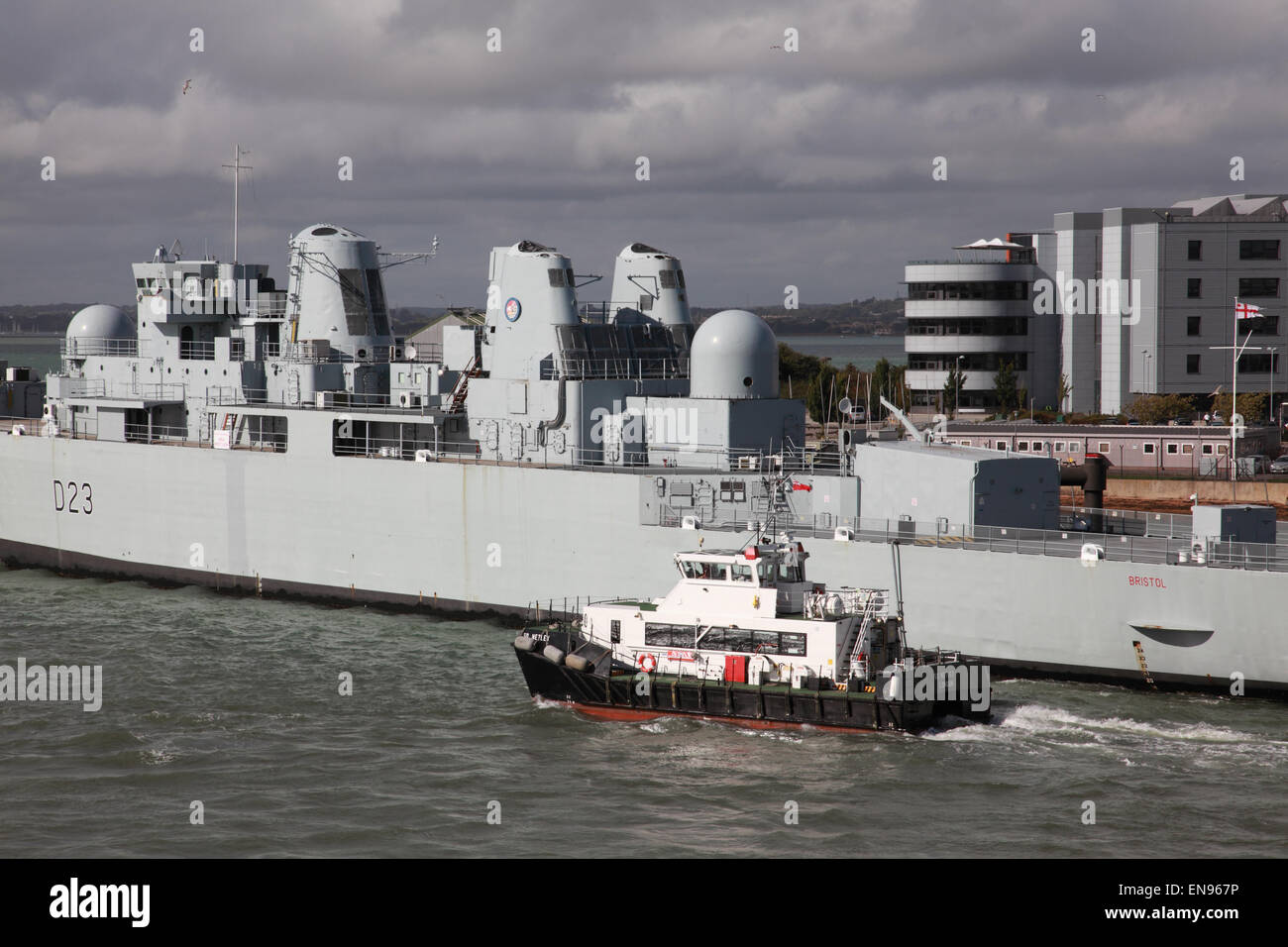 Port tender ship SD Netley and D23 HMS Bristol in Portsmouth Harbour ...