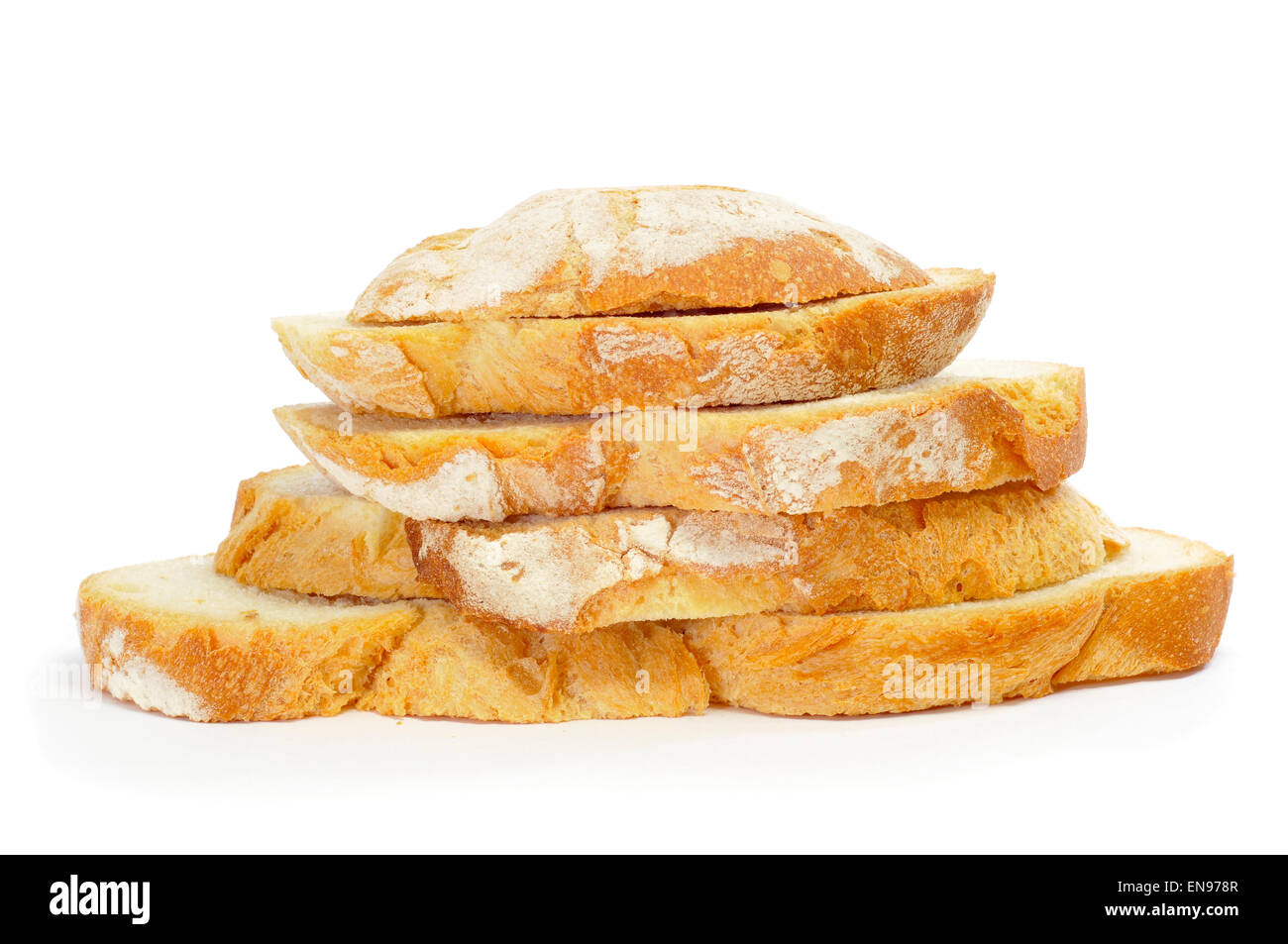 a pile of slices of bread on a white background Stock Photo - Alamy