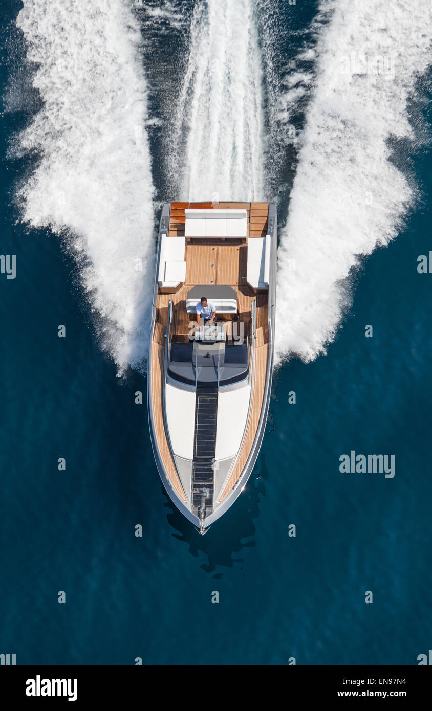 motor boat in navigation, aerial view Stock Photo - Alamy