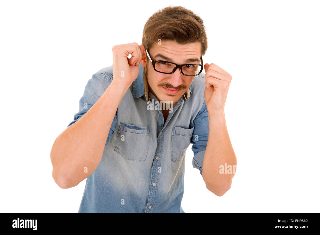 young teen man hiding, isolated on white Stock Photo - Alamy