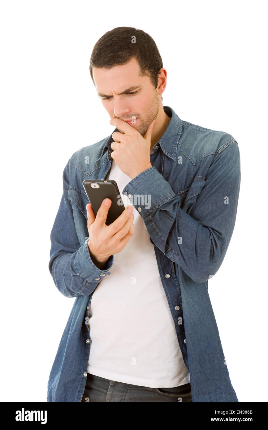 young casual happy man with a phone, isolated Stock Photo - Alamy