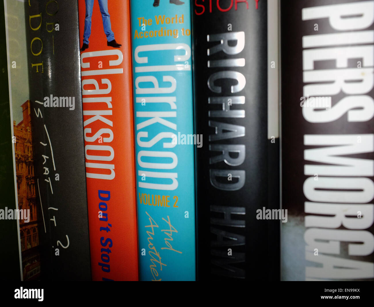 A row of autobiographies including books by Jeremy Clarkson, Richard ...