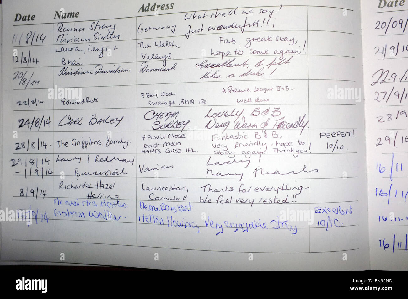 Comments In A Guest Book Left By Visitors To A Welsh B B Stock Photo 