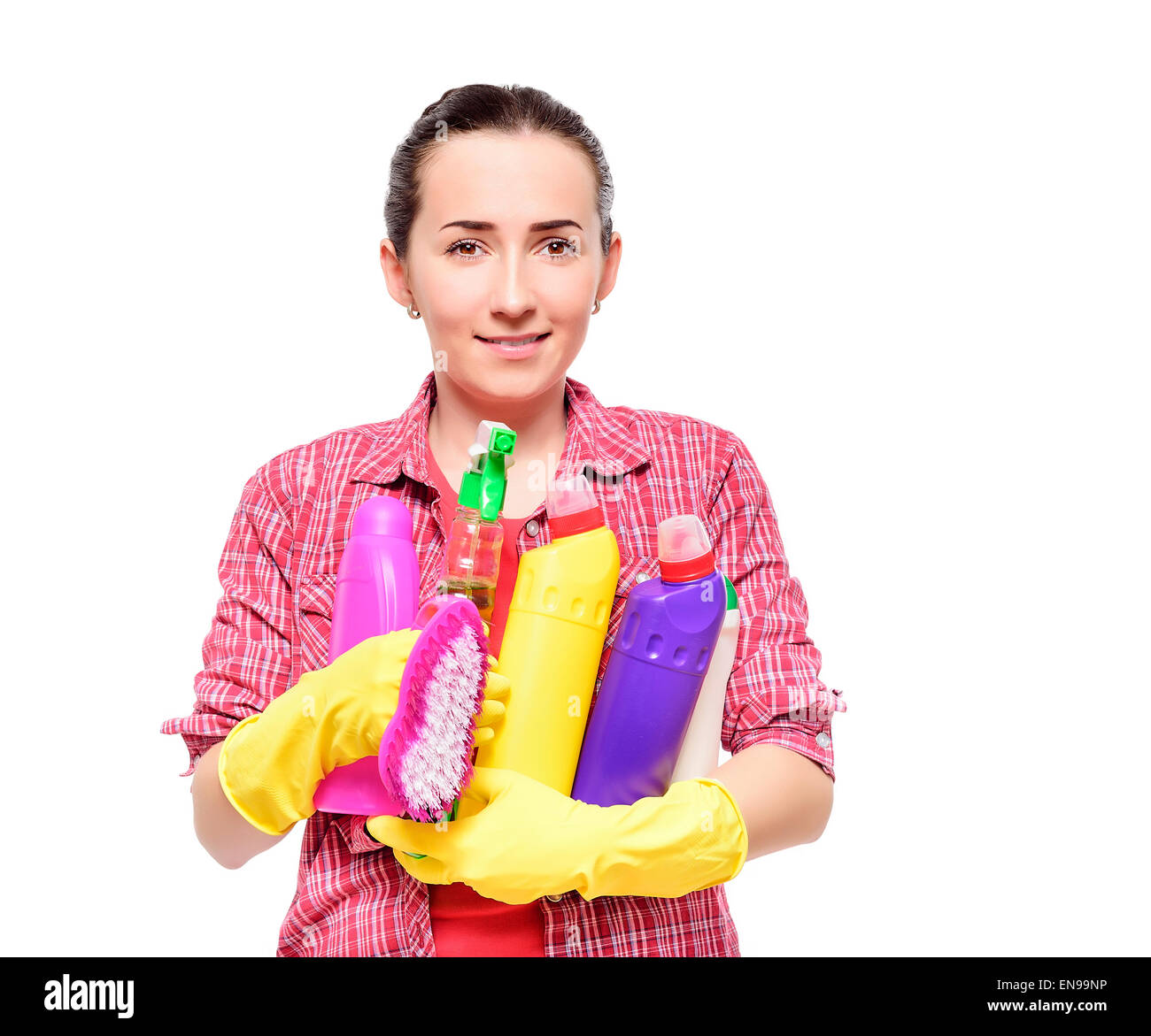 Lady holding basin with cleaning supplies Stock Photo - Alamy