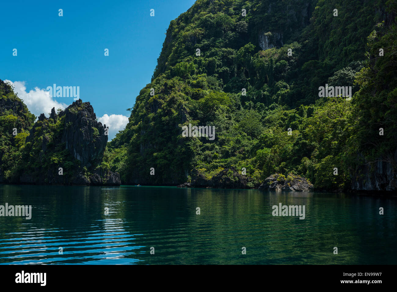 Azure green waters in the beautiful lagoons around El Nido, Palawan ...
