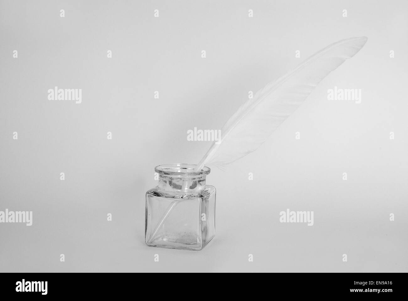 White feather on white background and ink pot Stock Photo - Alamy