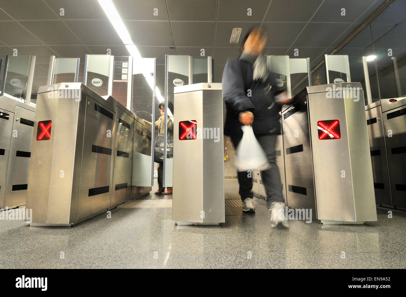 Ticket validation machine at subway station, Barcelona, Catalonia ...