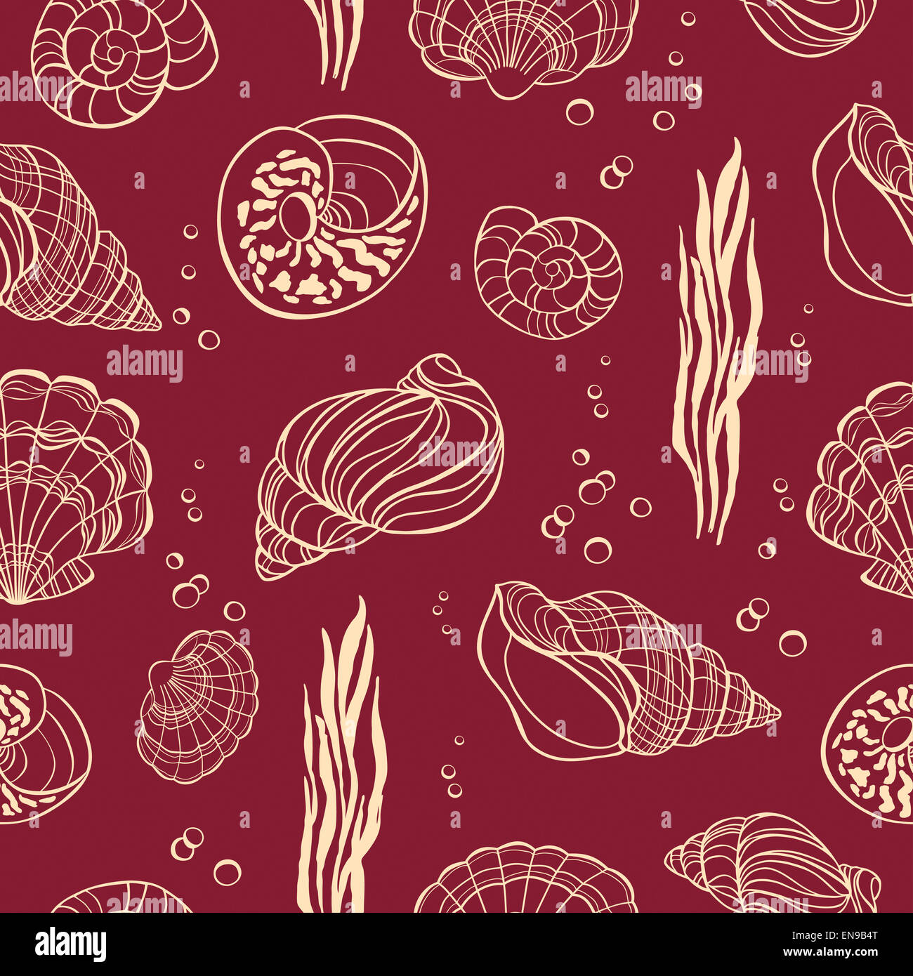 Hand drawn seashells, seaweed and bubbles on maroon background ...