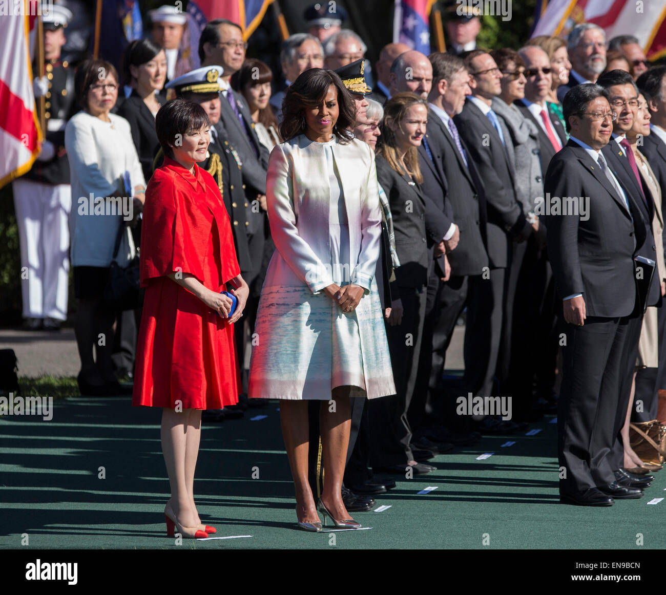 First lady Michelle Obama and Mrs. Abe participate in a welcoming ...