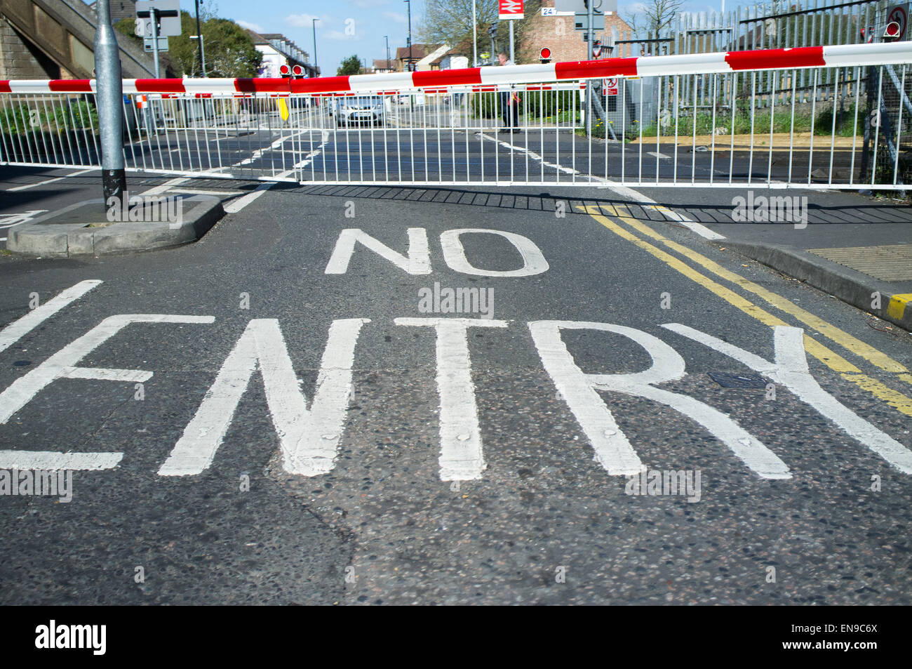 No Entry sign infront of closed railway barriers at Feltham Railway ...