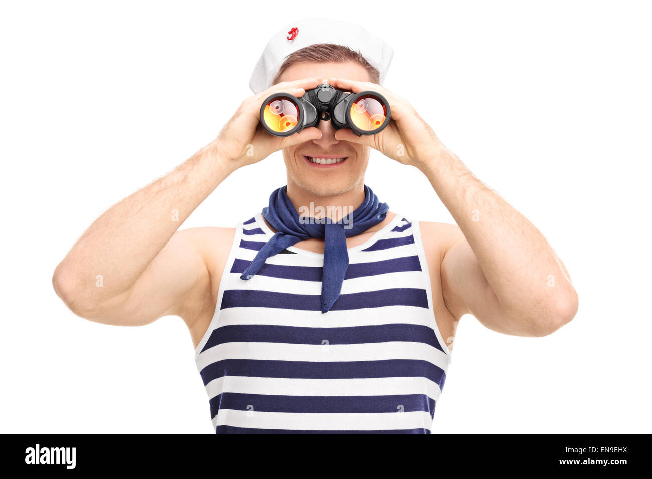 Portrait of a young male sailor looking through binoculars isolated on ...