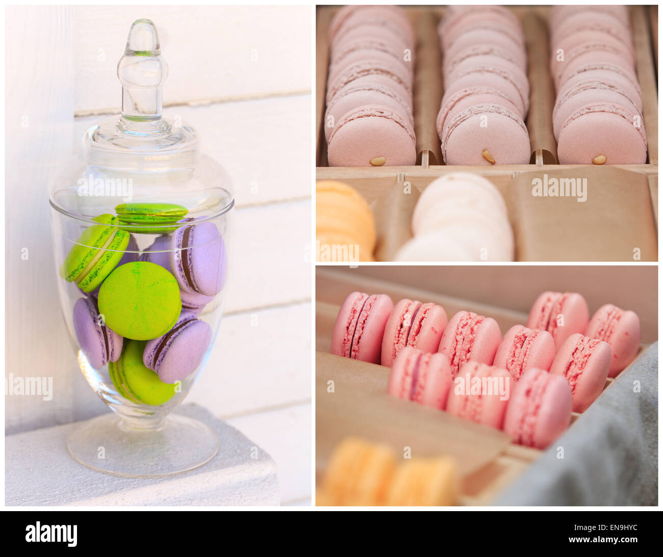 Delicious sweet buffet with colorful macarons. high resolution collage ...