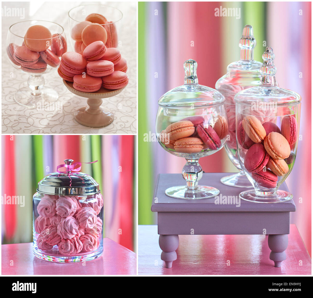 Delicious sweet buffet with colorful macarons and marshmallow . high ...