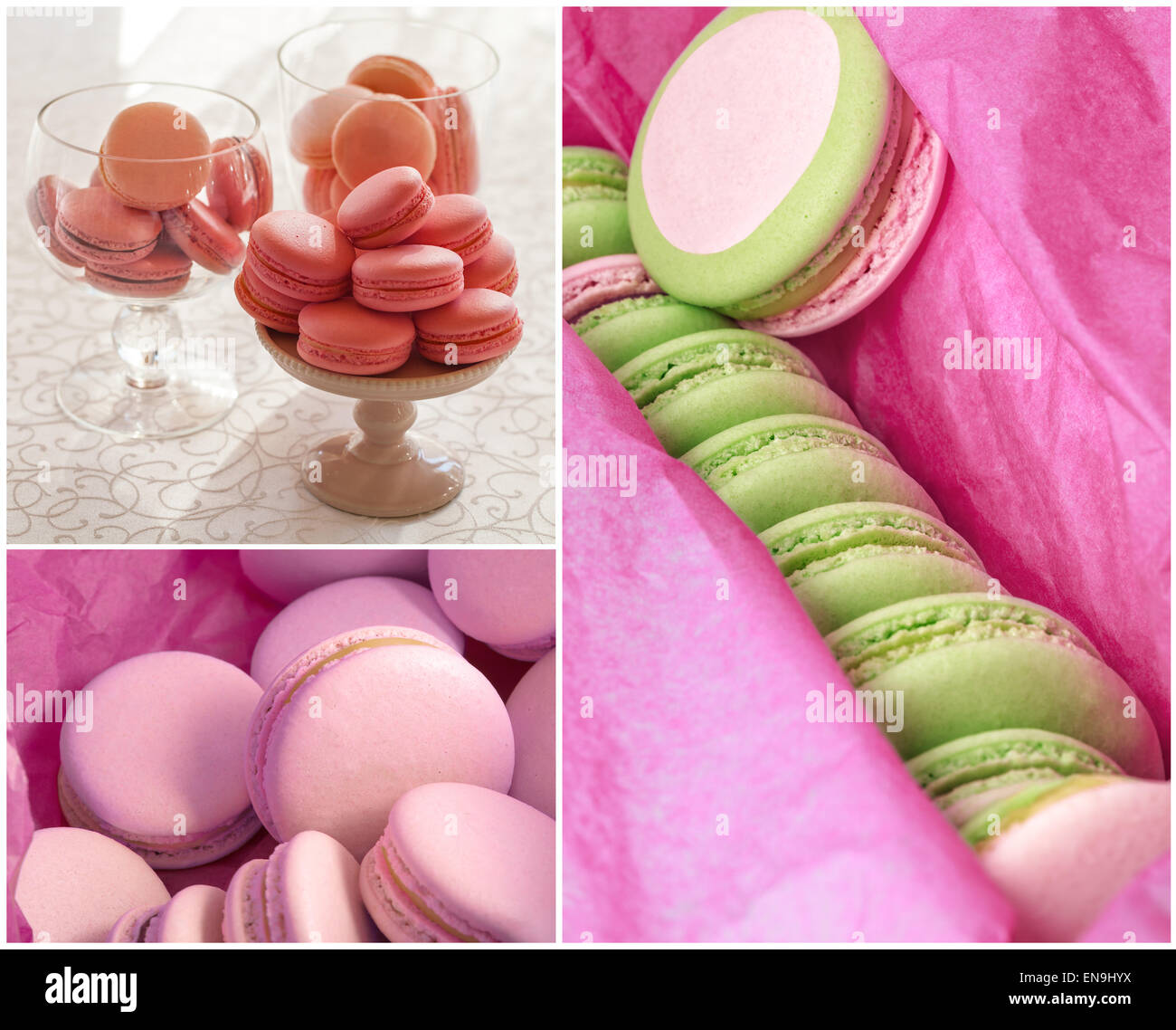 Delicious sweet buffet with colorful macarons. high resolution collage ...