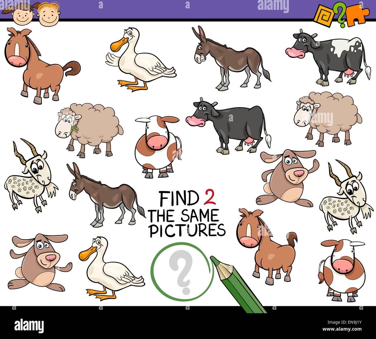 Cartoon Illustration of Finding the Same Picture Educational Game for ...