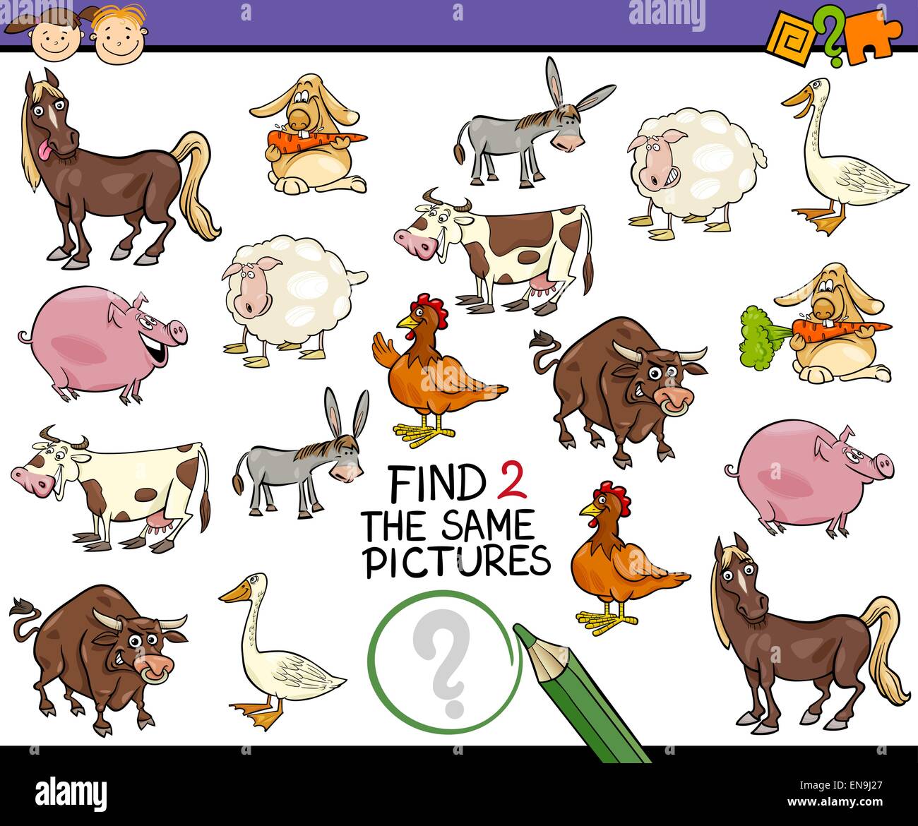 Cartoon Illustration of Finding the Same Picture Educational Game for ...