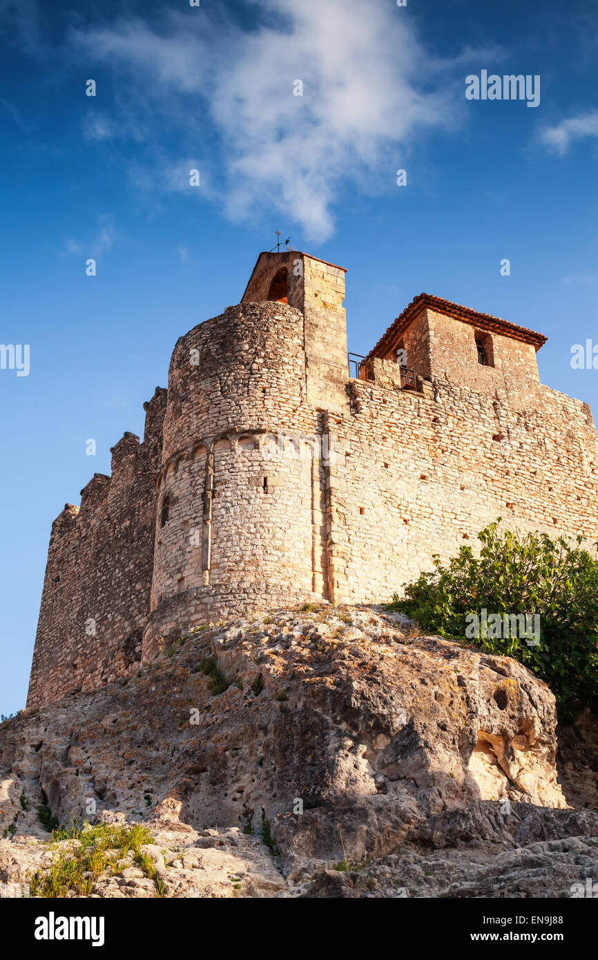 Medieval stone castle on the rock in Spain. Main landmark of Calafell ...