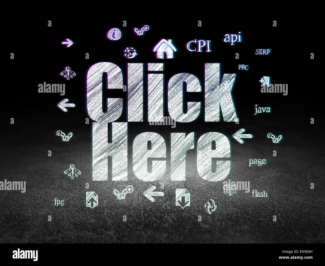 Web design concept: Click Here in grunge dark room Stock Photo - Alamy
