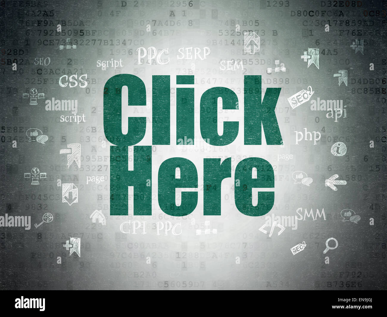 Web development concept: Click Here on Digital Paper background Stock ...