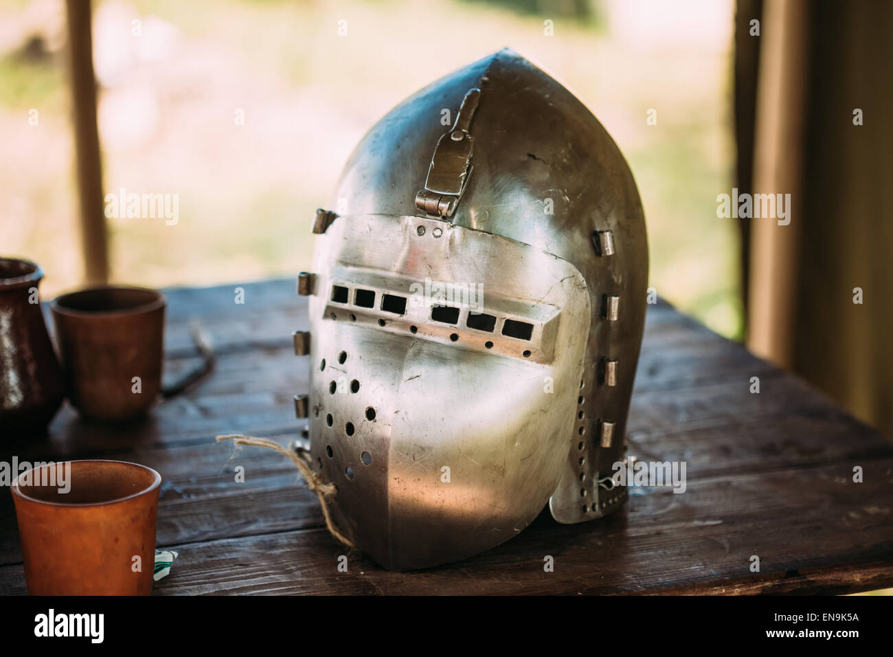 Iron Helmet Of The Medieval Knight. Helmet Of A Medieval Suit Of Armour ...