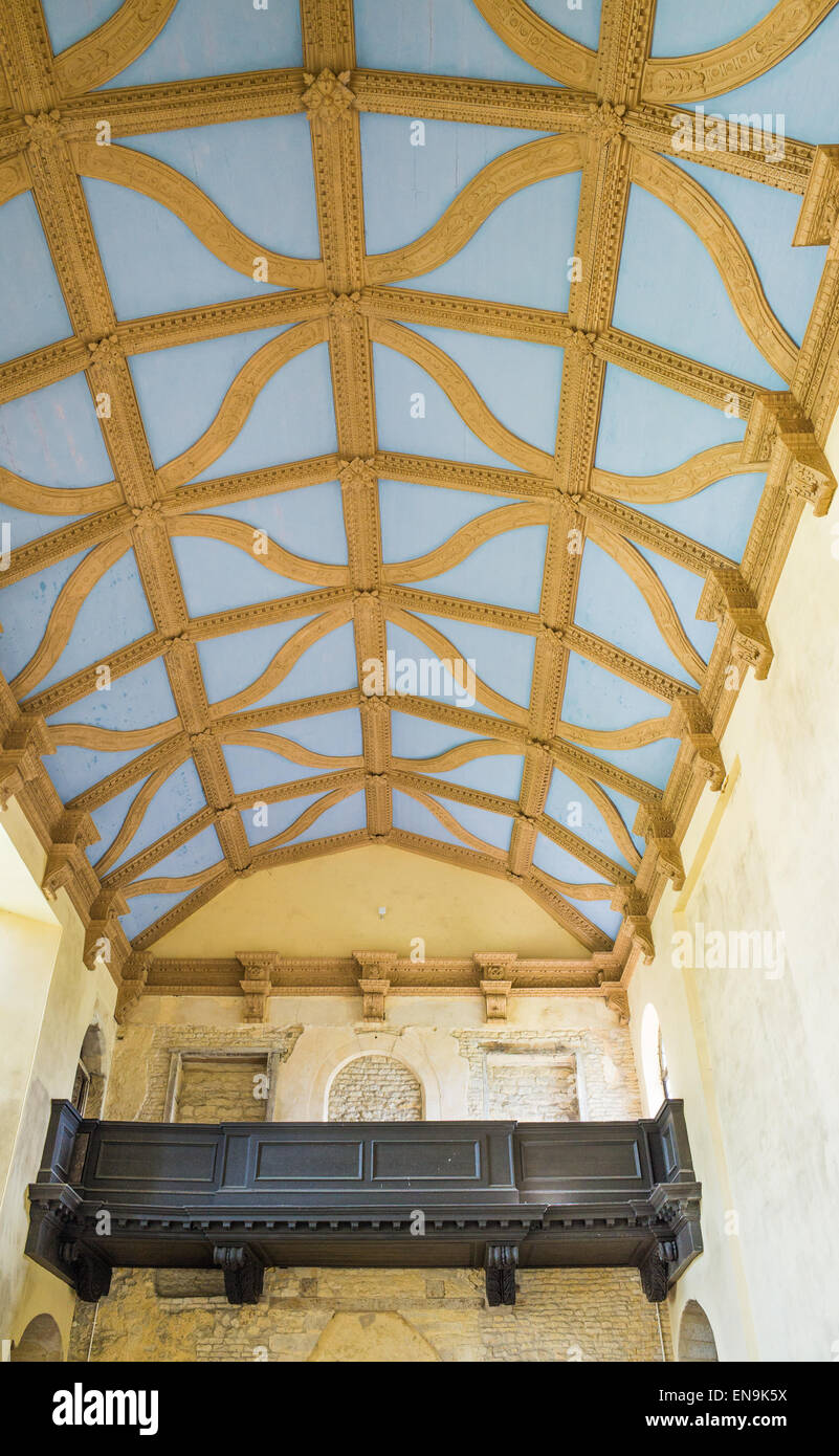 Balcony and ceiling in one of the state rooms at Kirby hall, a mansion ...