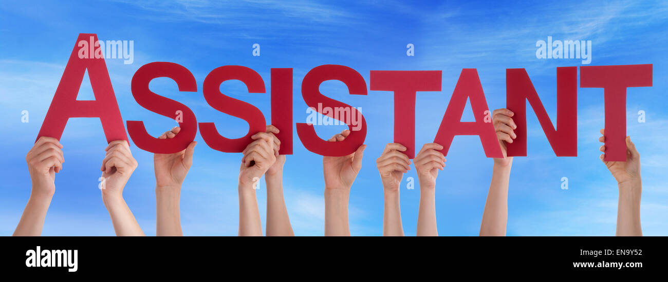 Hands Holding Red Straight Word Assistant Blue Sky Stock Photo - Alamy