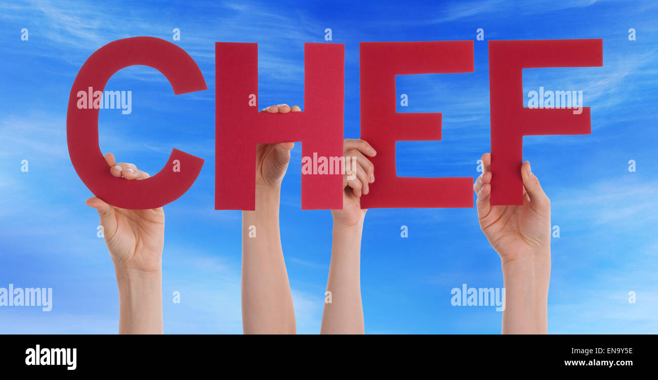 People Hands Hold Red Straight Word Chef Blue Sky Stock Photo - Alamy