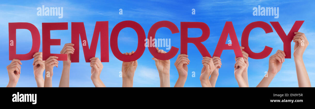 People Hands Hold Straight Word Democracy Blue Sky Stock Photo - Alamy