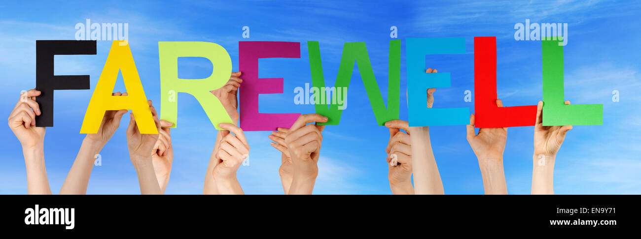Hand Hold Colorful Straight Word Farewell Blue Sky Stock Photo - Alamy