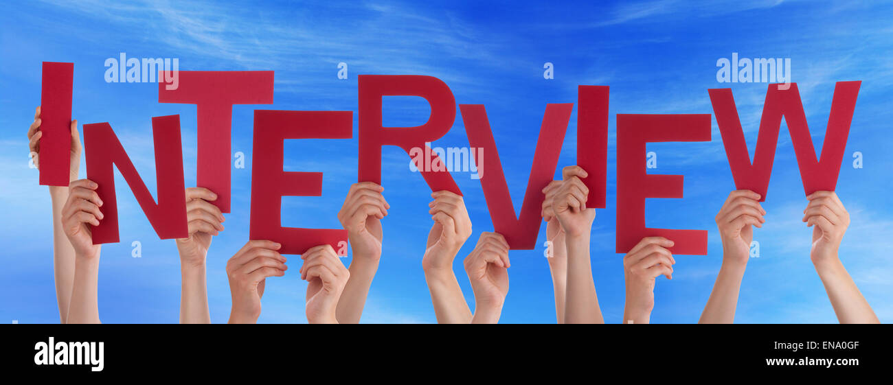 People Hands Holding Red Word Interview Blue Sky Stock Photo - Alamy