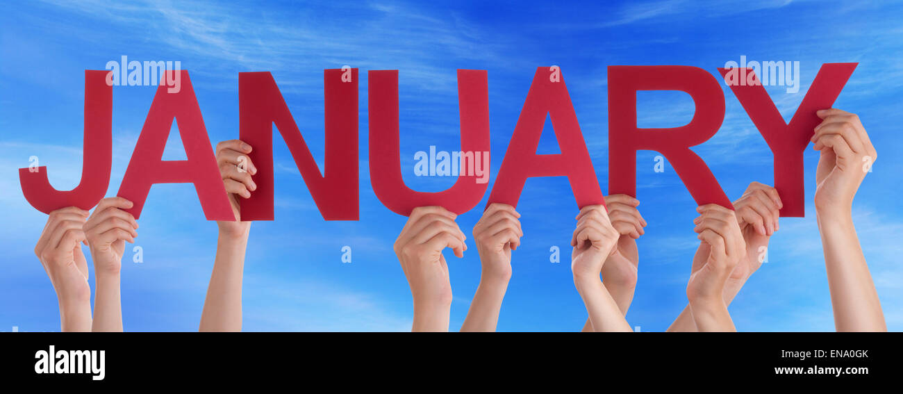 Hands Holding Red Straight Word January Blue Sky Stock Photo - Alamy