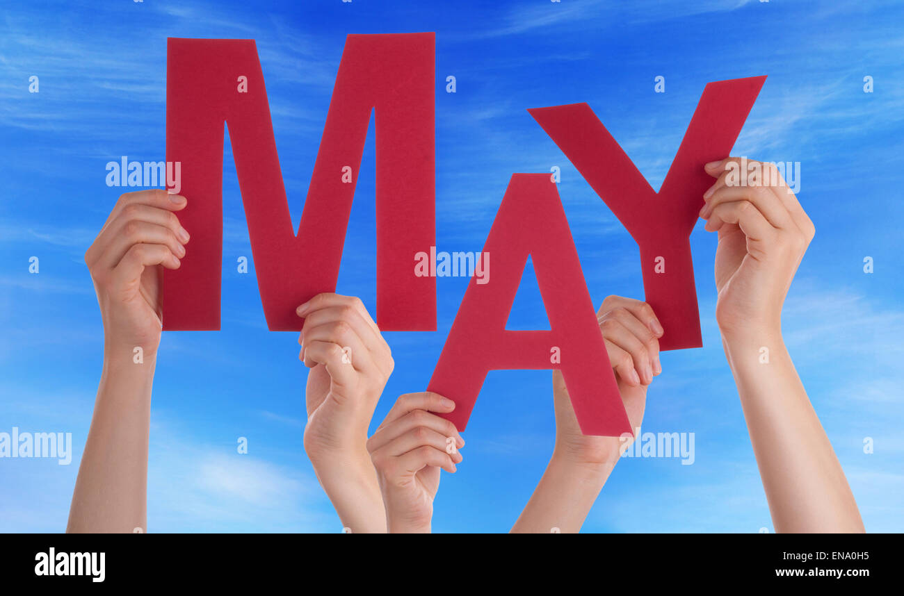 Many People Hands Holding Red Word May Blue Sky Stock Photo - Alamy