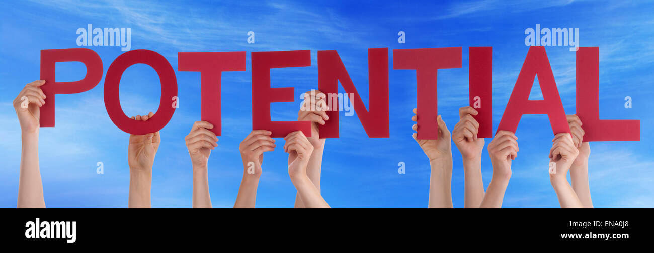 Hands Holding Red Straight Word Potential Blue Sky Stock Photo - Alamy