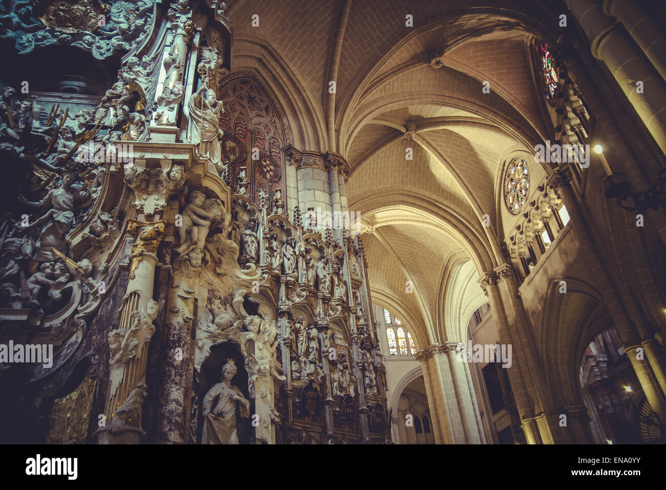 medieal high altar of the Cathedral of Toledo, gothic style sculptures ...