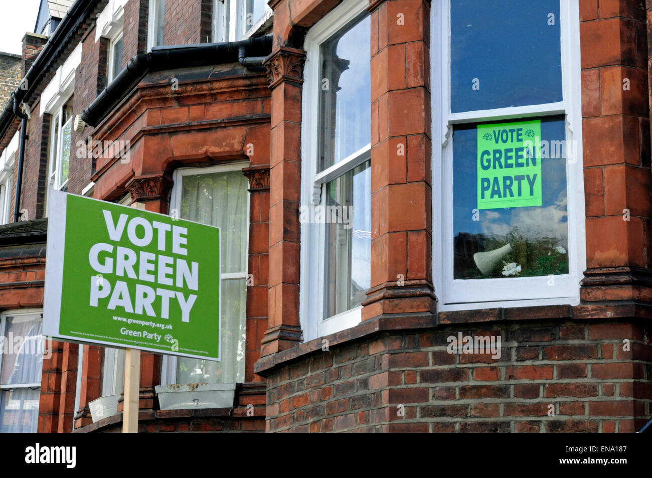 Vote Green Party placard and poster outside house in Highbury ...