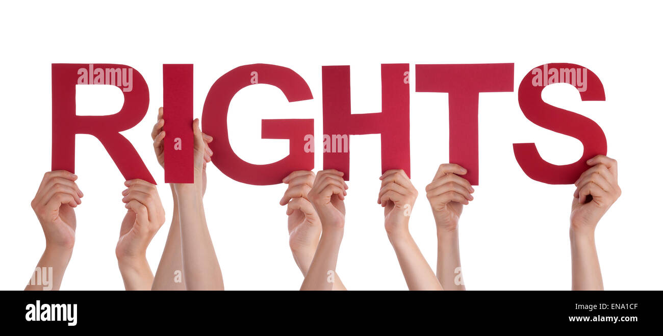 Many People Hands Holding Red Straight Word Rights Stock Photo - Alamy