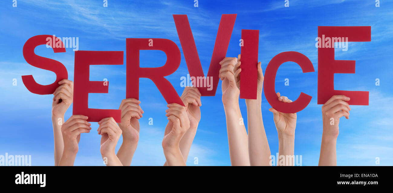 People Hands Holding Red Word Service Blue Sky Stock Photo - Alamy