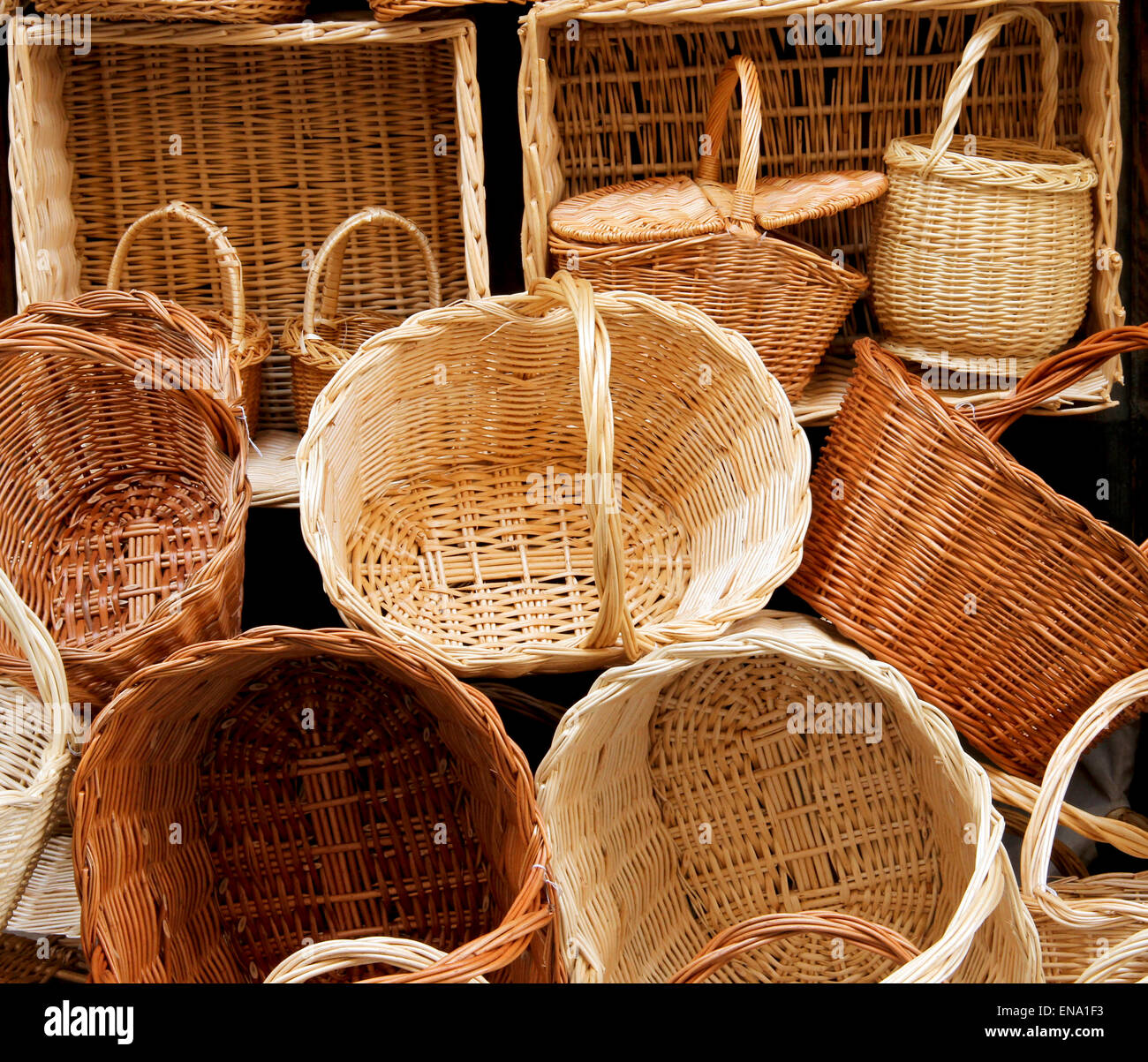 Several stacked baskets make a Wicker Basket Background Stock Photo - Alamy