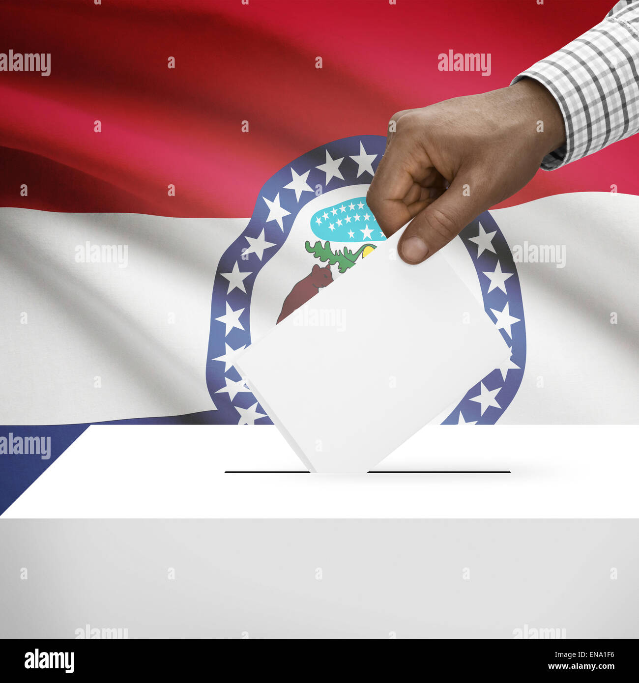 Ballot box with US state flag on background - Missouri Stock Photo - Alamy