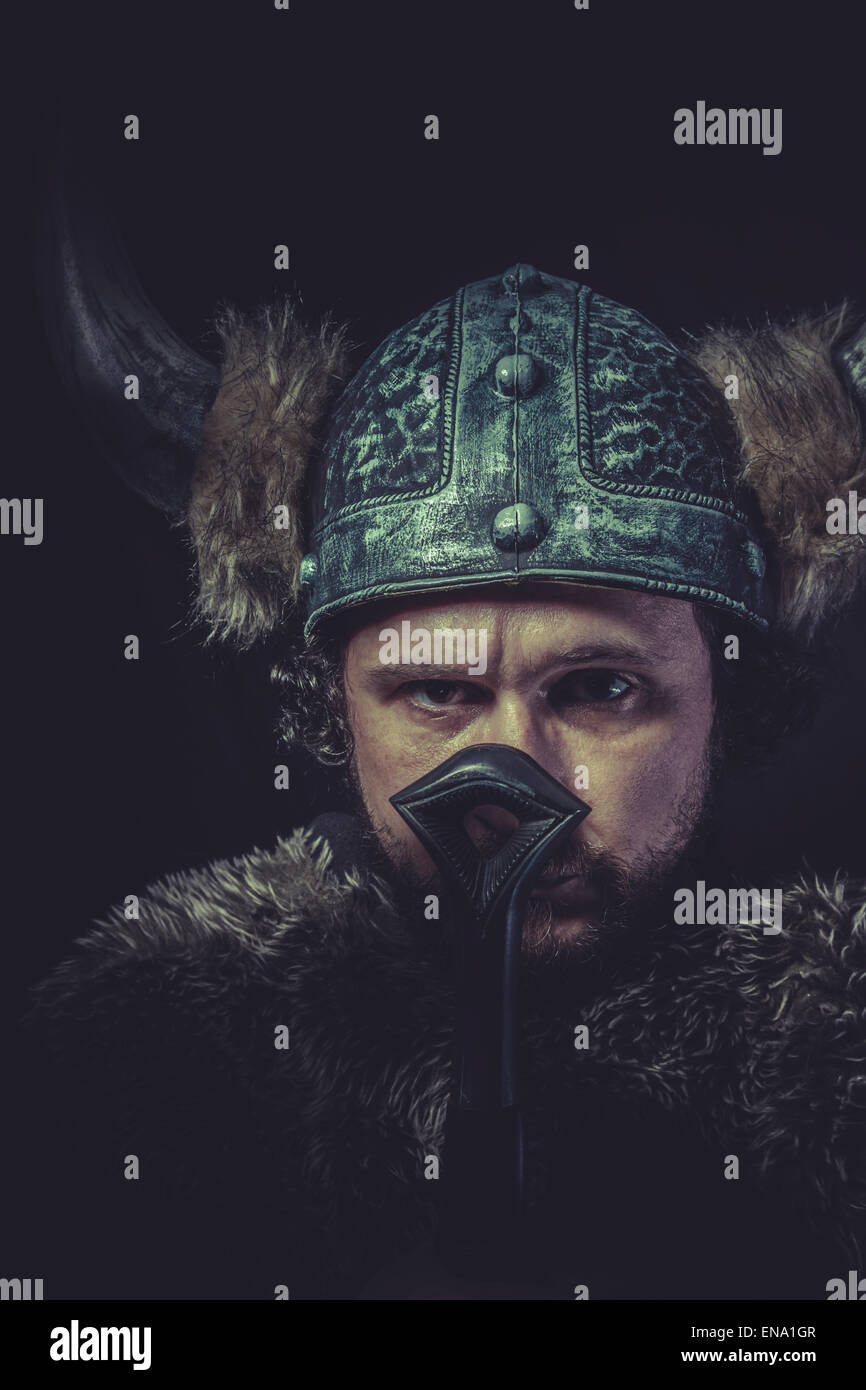 Costume, Viking warrior with a huge sword and helmet with horns Stock ...