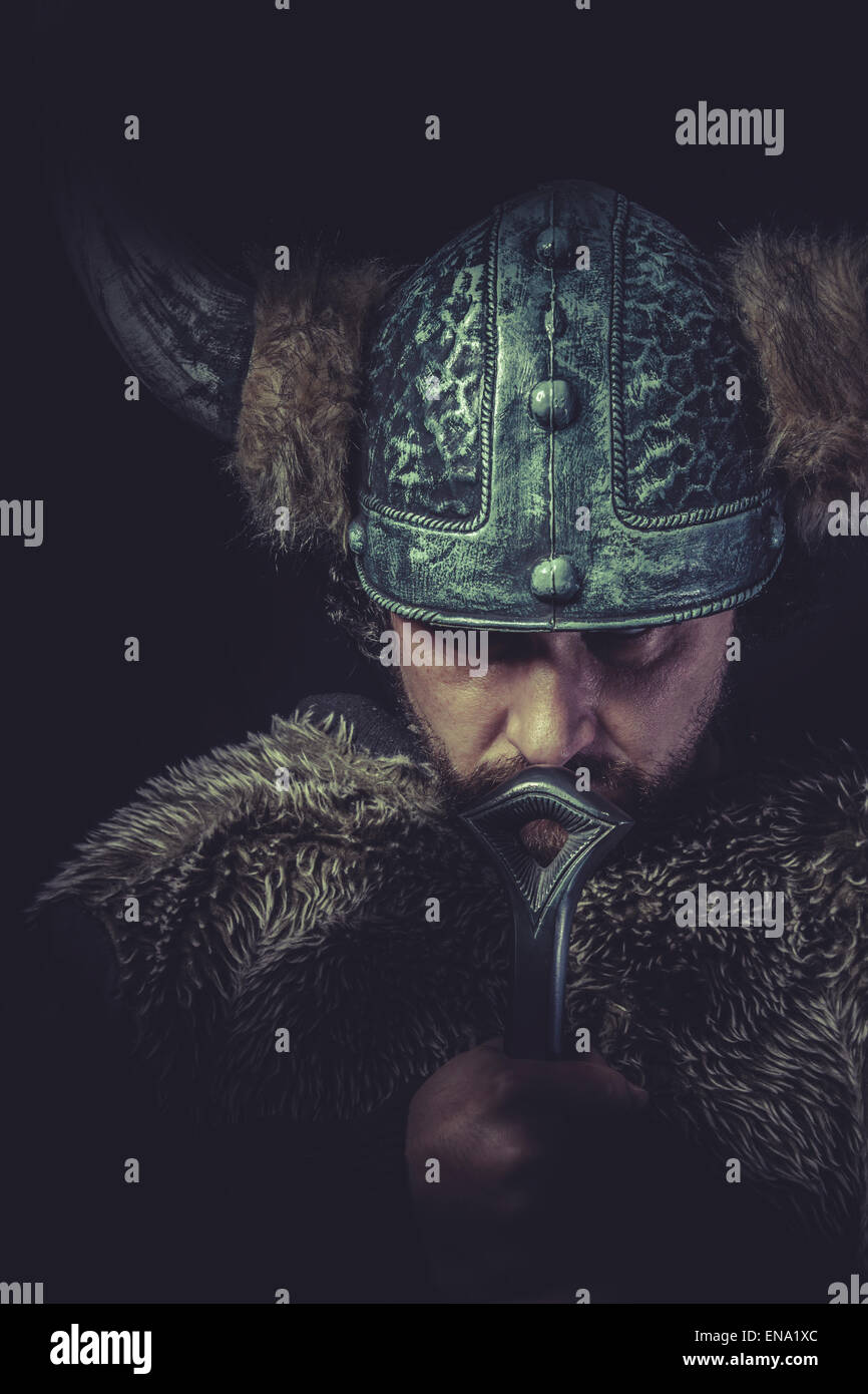Costume, Viking warrior with a huge sword and helmet with horns Stock ...