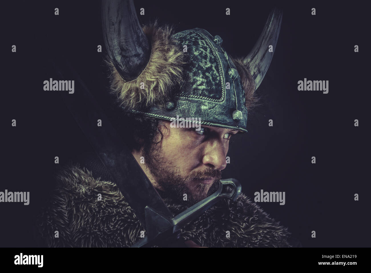Costume, Viking warrior with a huge sword and helmet with horns Stock ...