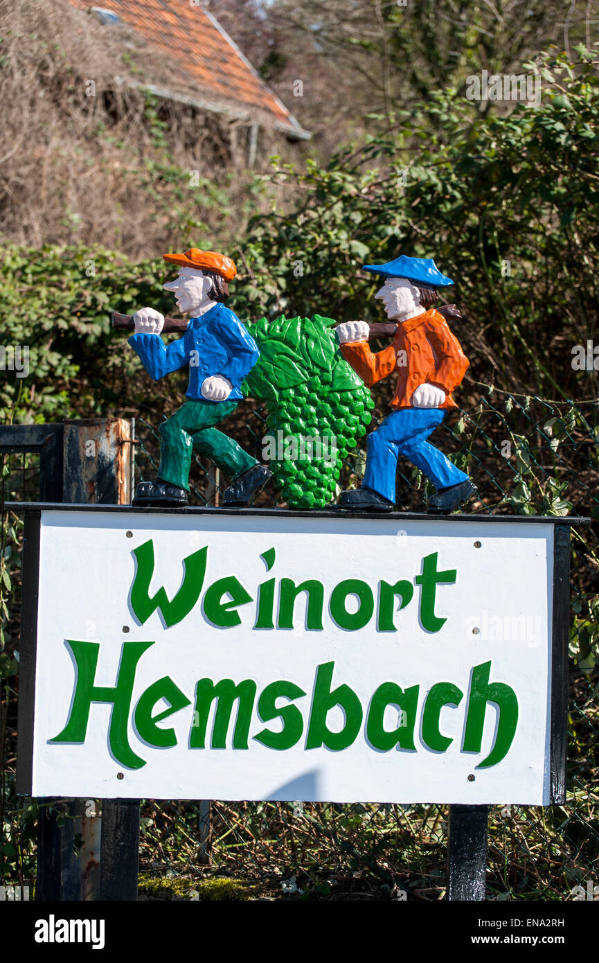 sign with wood carving wine village Hemsbach, Bergstrasse, Baden ...