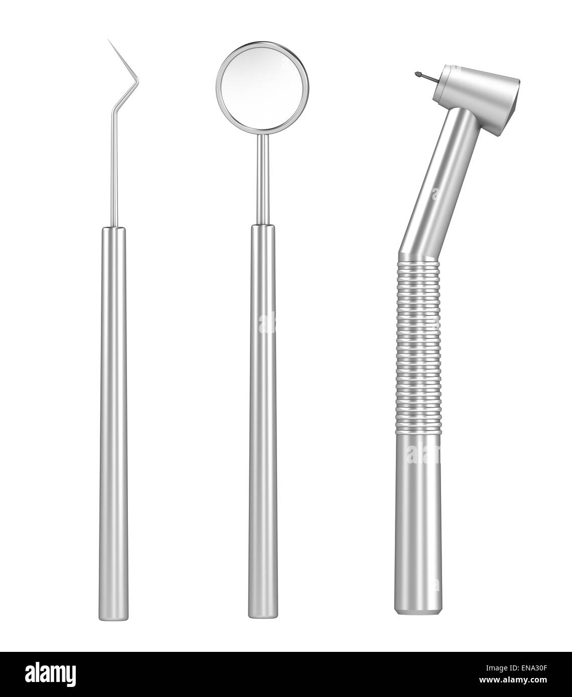 Dental set: mirror, probe and drill , isolated on white Stock Photo - Alamy