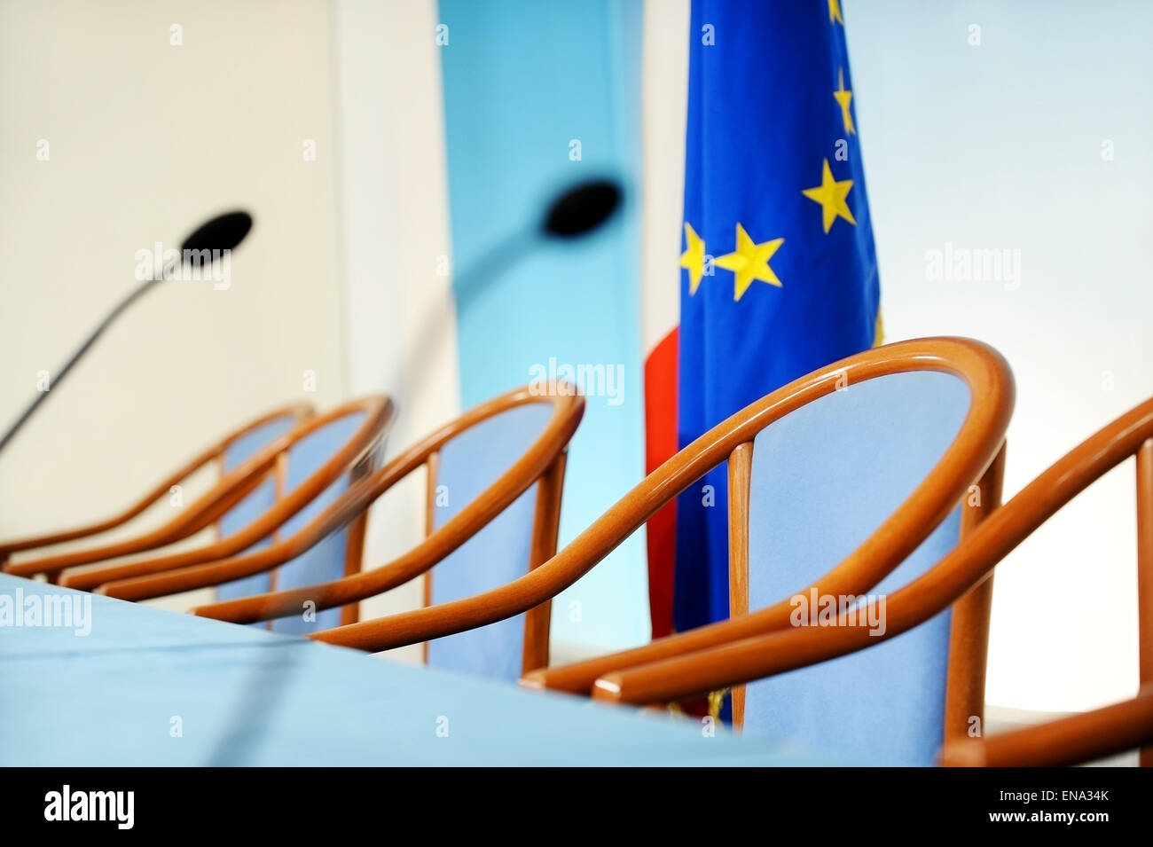 Press conference room with European Union flag in the background Stock ...
