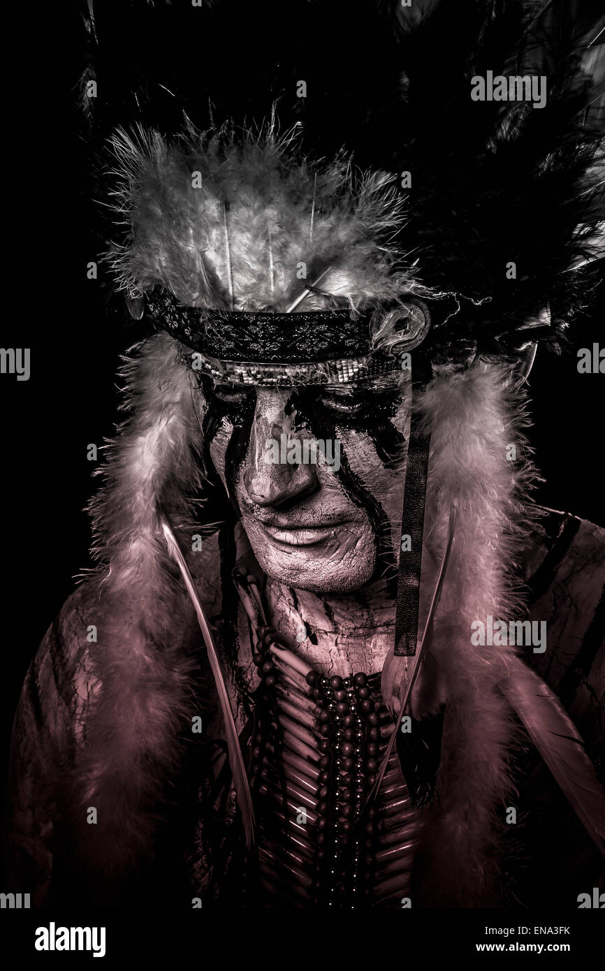 Native, American Indian chief with big feather headdress Stock Photo ...