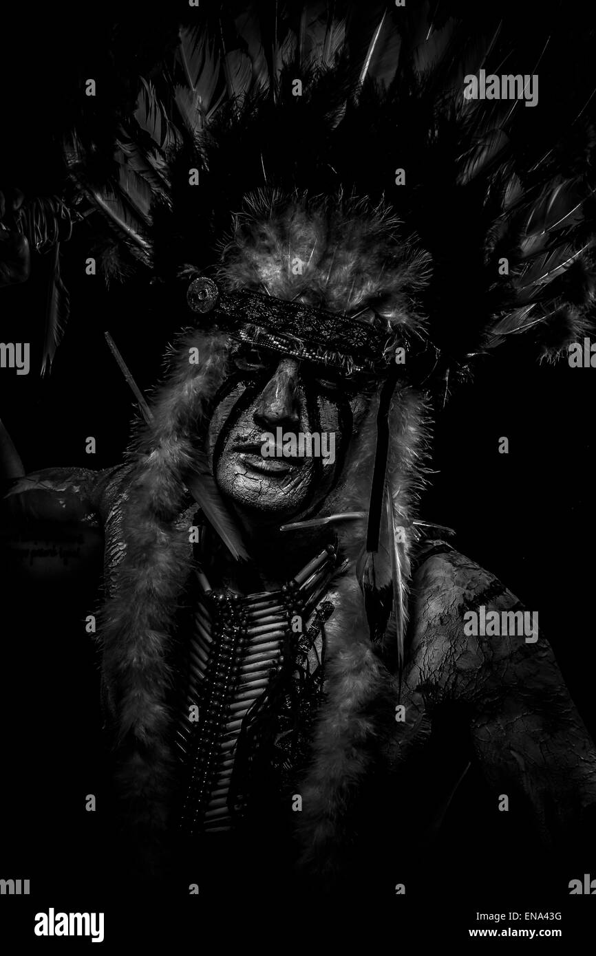 traditional Native, American Indian chief with big feather headdress ...