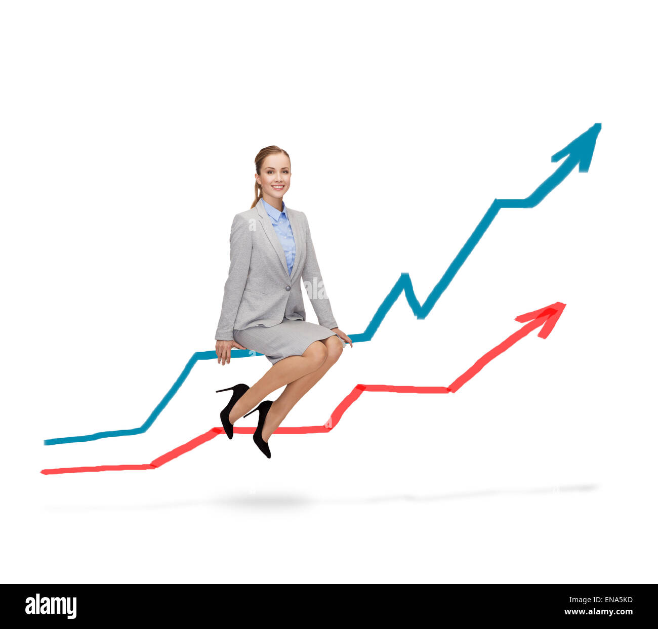smiling woman sitting on growing graph Stock Photo - Alamy